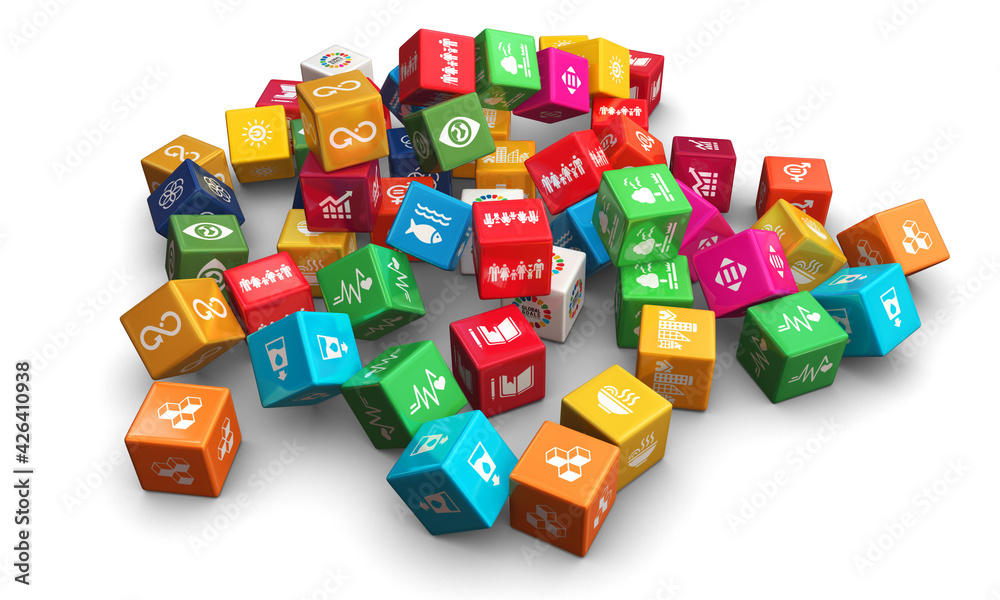 Sustainable Development inspiration work. 3D rendering colorful cubes ...
