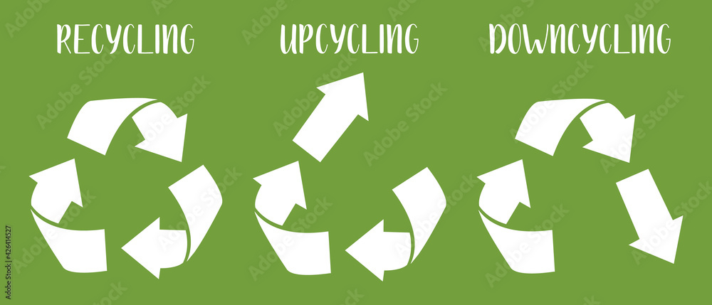 Vector recycling, upcycling and downcycling signs, isolated on white ...