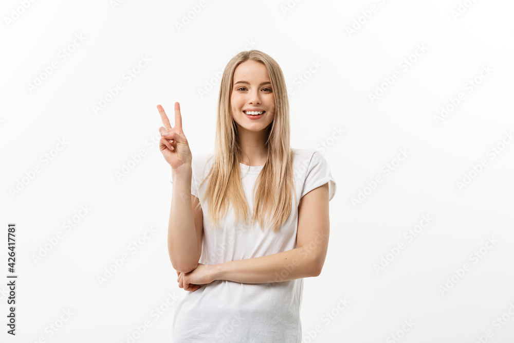 Closeup portrait young happy confident woman giving peace victory, two ...