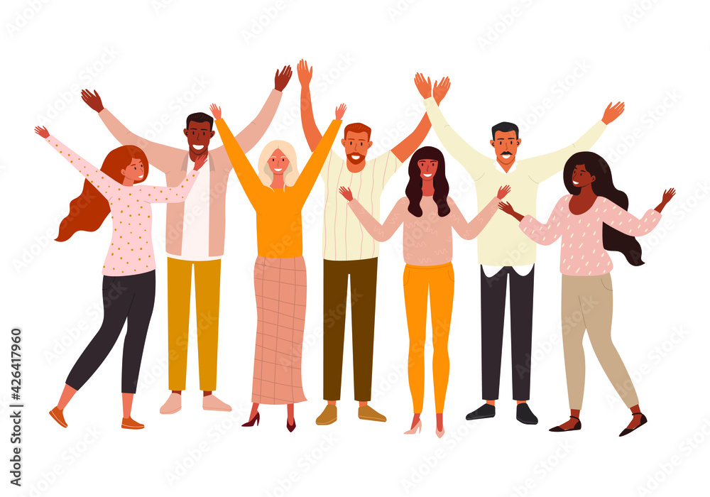 Flat vector cartoon illustration of a group of people standing next to ...