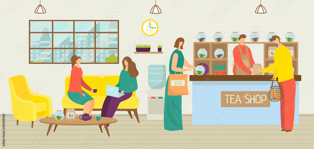 Tea shop, vector illustration. Man woman people character drink hot ...