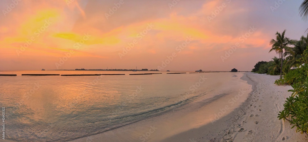 Panorama View of Beautiful Sunset Sky in Maldives. Sandy Beach with ...