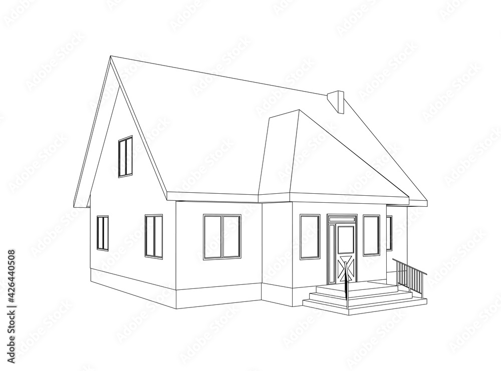 Building perspective 3D. Drawing of the suburban house. Outlines ...