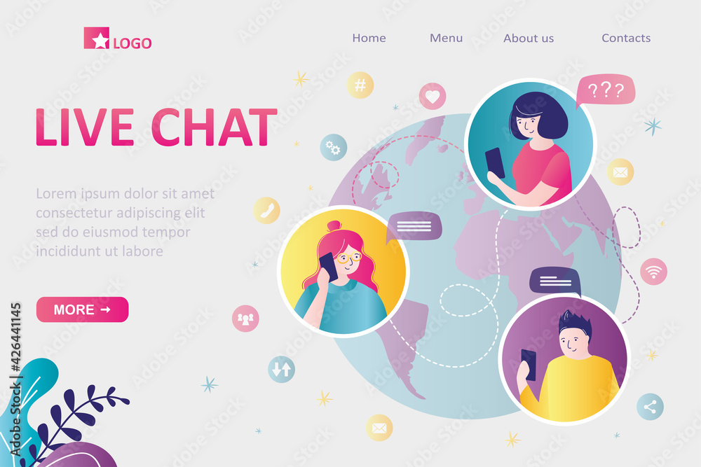Live chat, landing page template. Young adults communicate in social ...