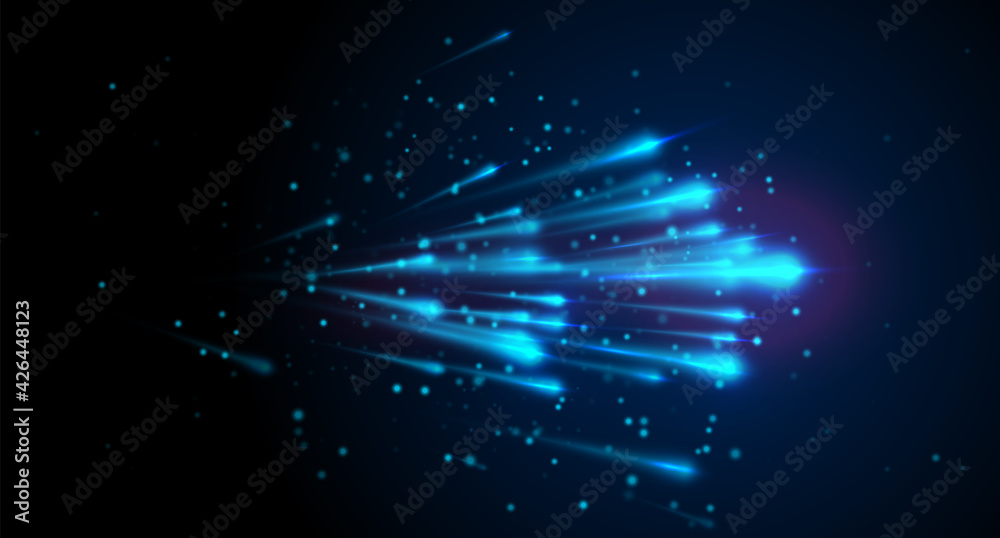Blue light speed vector background with lines, dot particles on dark ...