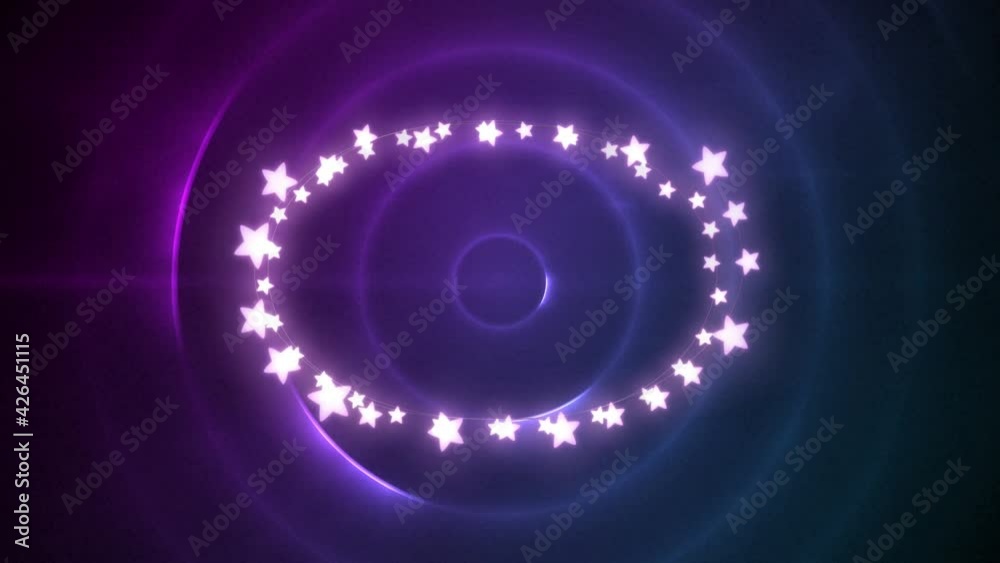 Animation of multiple glowing stars forming oval frame on purple ...