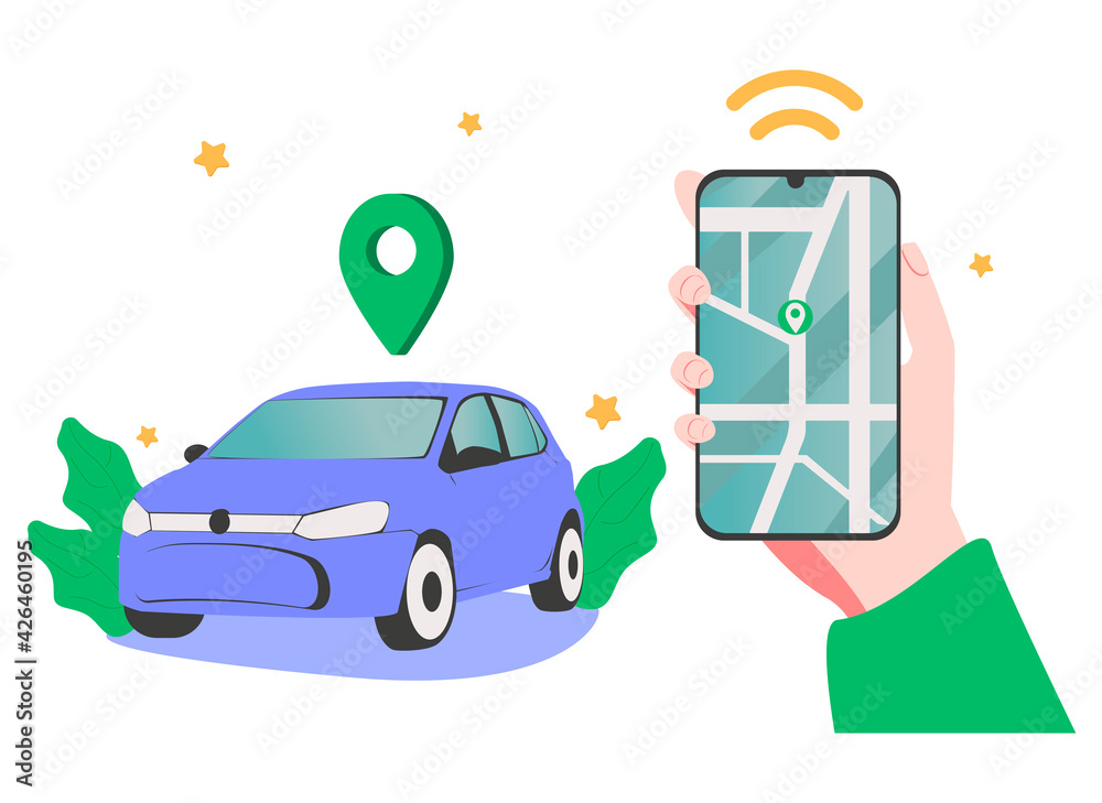 Vector illustration of autonomous wireless parking remote connected car ...