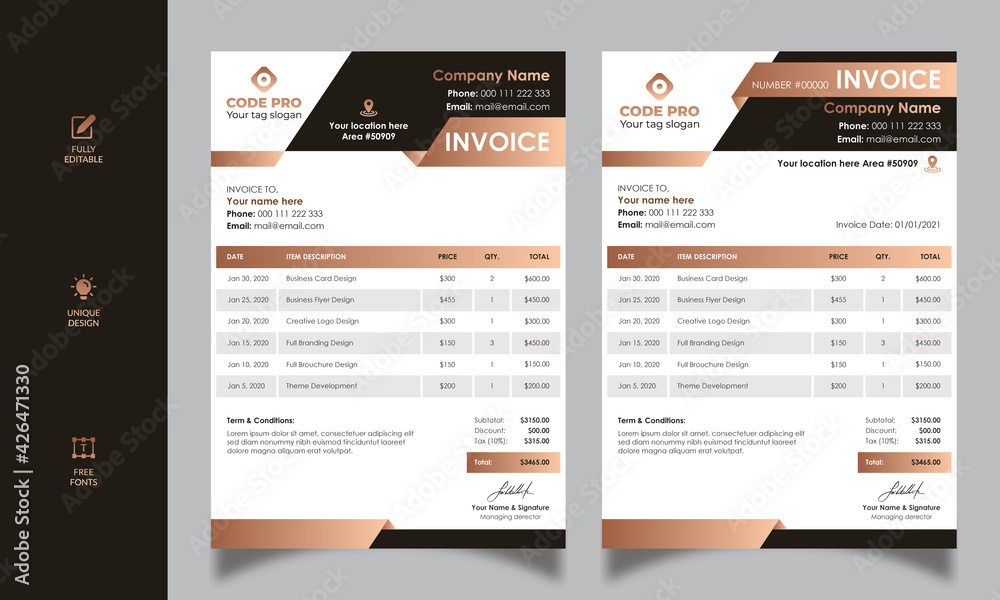 Business invoice form template, money bills, price invoices, price list ...