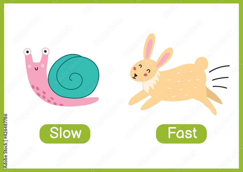 Slow and fast opposite adjectives educational wordcard. Flashcard with ...
