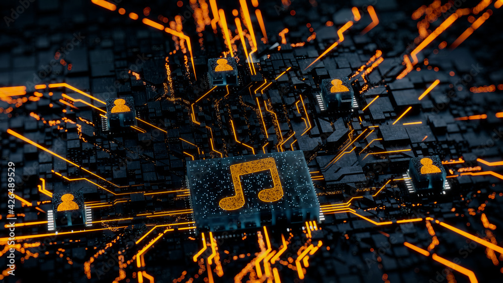 Audio Technology Concept with music symbol on a Microchip. Orange Neon ...
