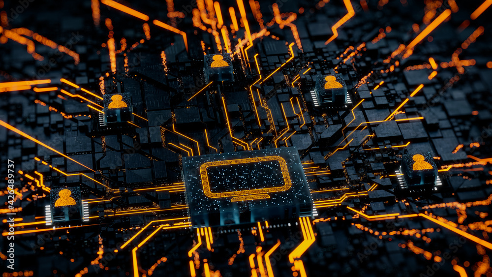 Display Technology Concept with Monitor symbol on a Microchip. Orange ...