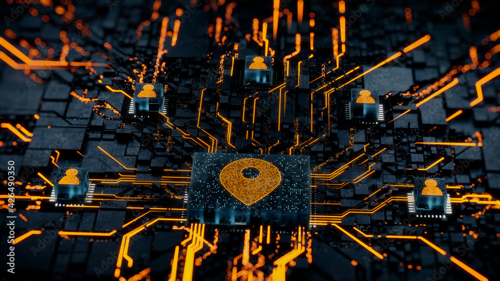 Location Technology Concept with map pin symbol on a Microchip. Orange ...