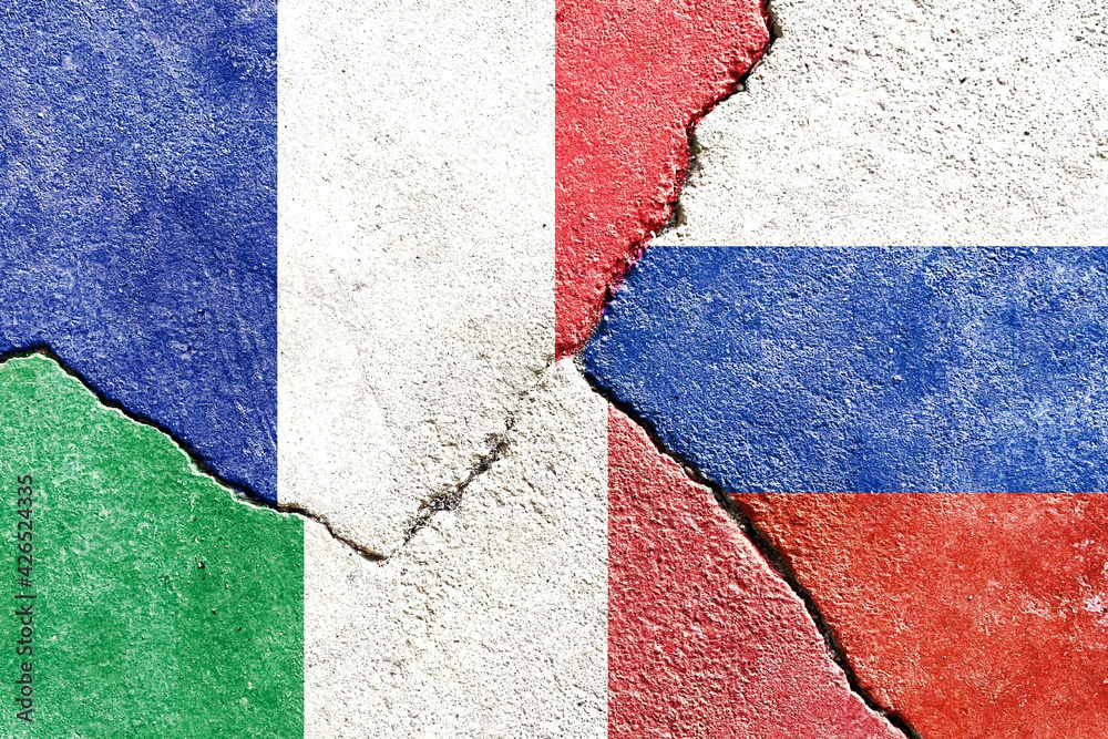 Political conflict concept France VS Italy VS Russia, flags on a ...