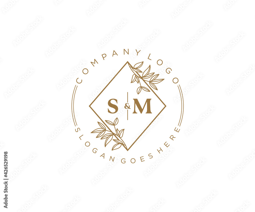 initial SM letters Beautiful floral feminine editable premade monoline ...