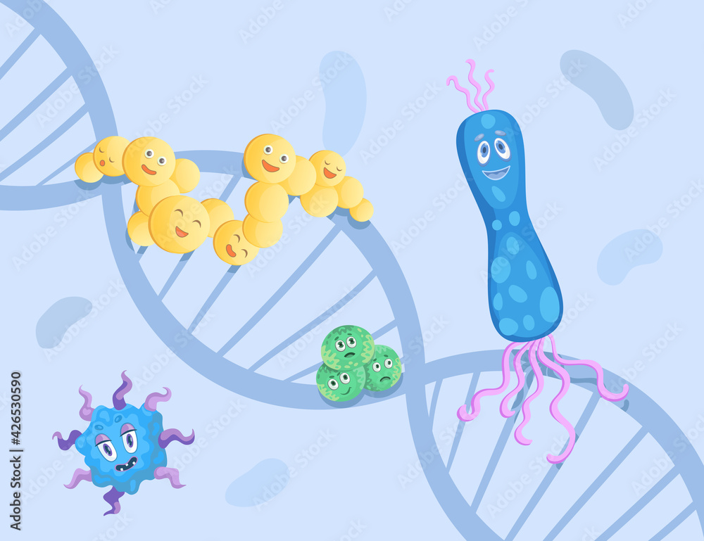 Cartoon virus or bacteria characters in organism flying near DNA. Flat ...