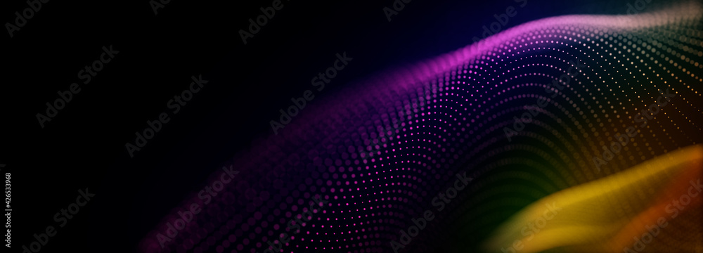 Abstract dark digital background with light particles and deep depths ...