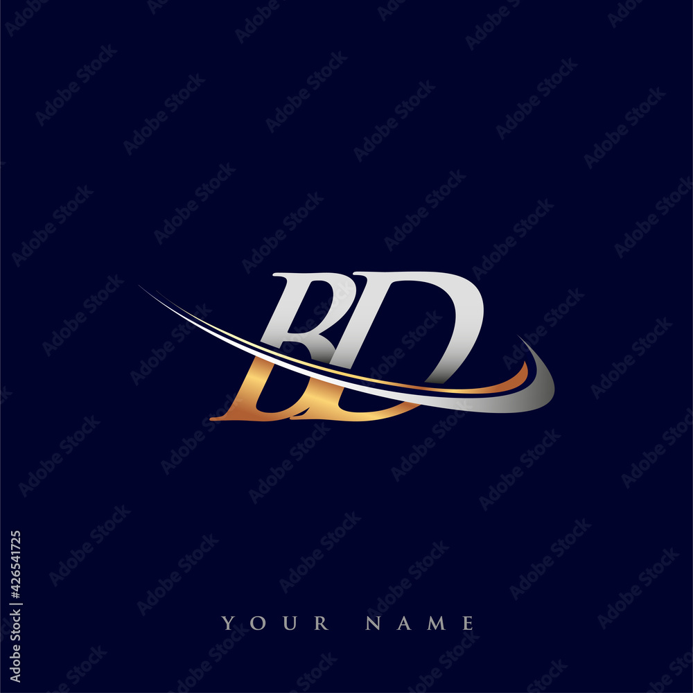 BD initial logo company name colored gold and silver swoosh design ...