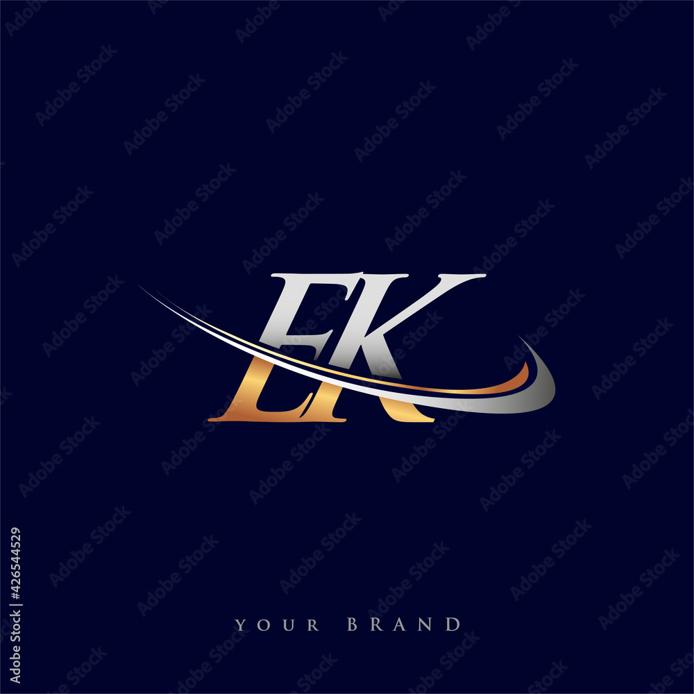 EK initial logo company name colored gold and silver swoosh design ...