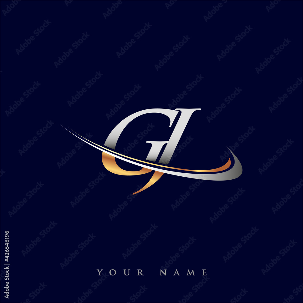 GJ initial logo company name colored gold and silver swoosh design ...