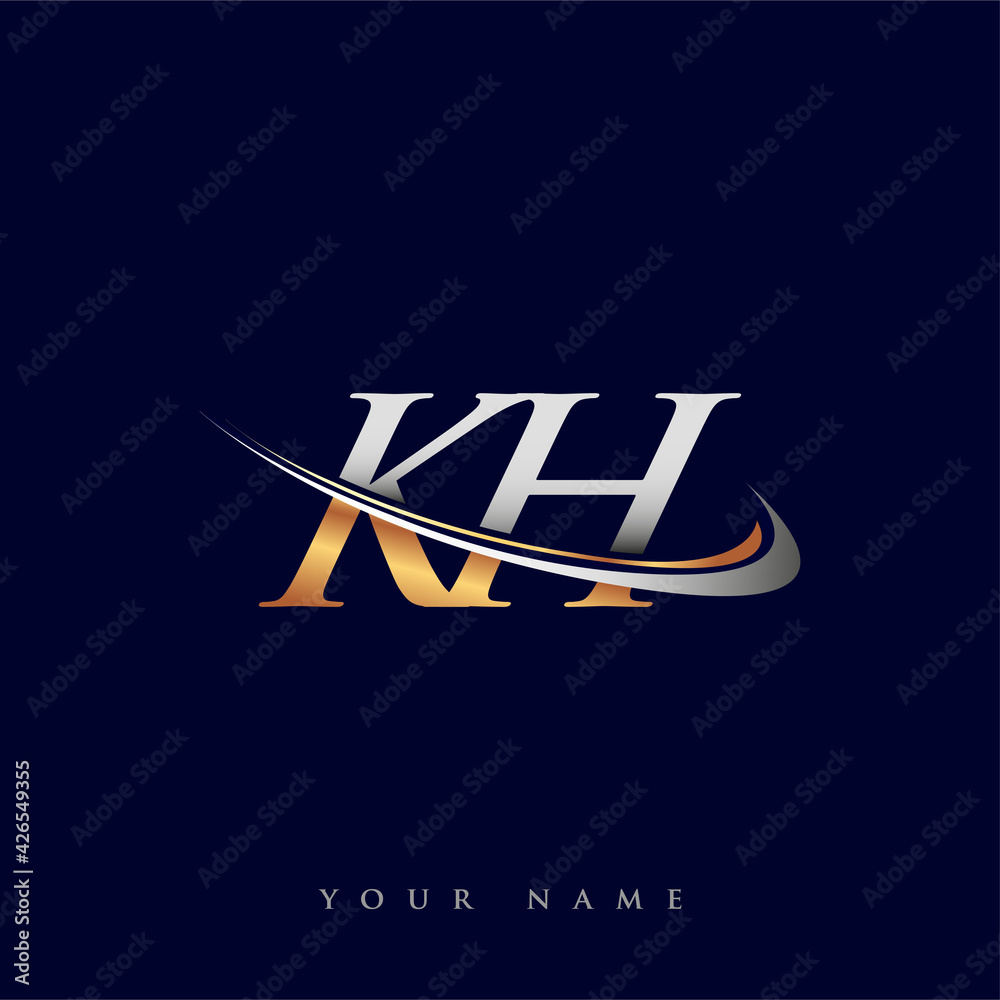 KH initial logo company name colored gold and silver swoosh design ...