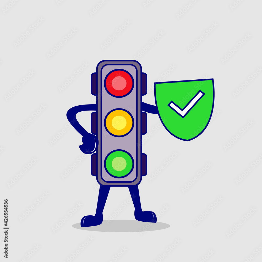Traffic light cartoon with safety shield sign board illustration Stock ...