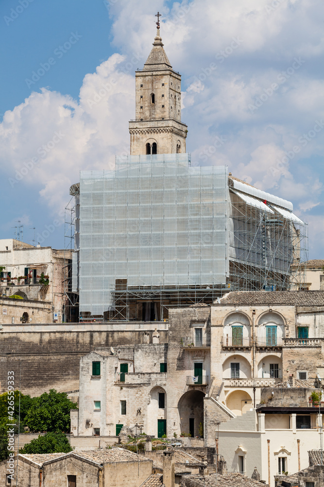 Church building under renovation. Italian village architecture. Roman ...