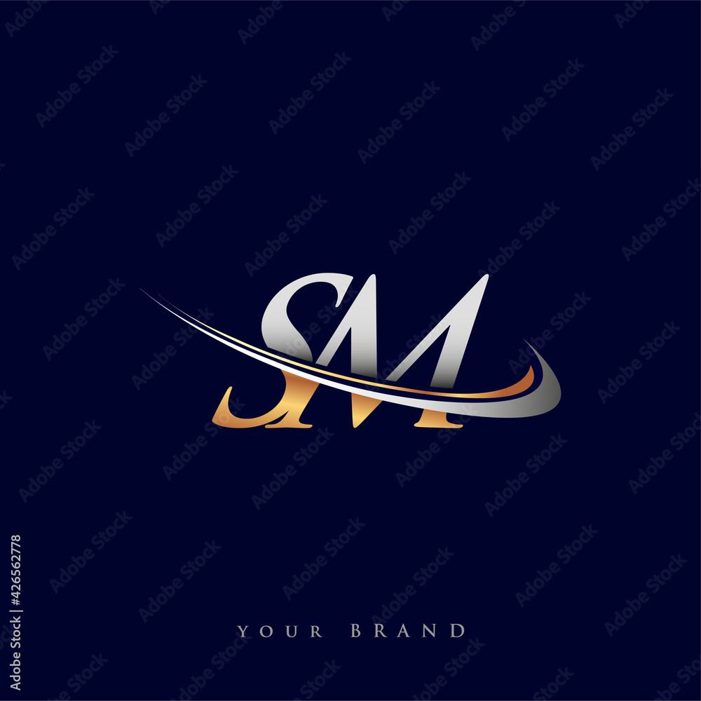 SM initial logo company name colored gold and silver swoosh design ...