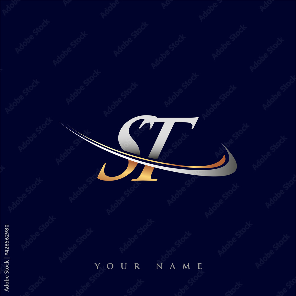 ST initial logo company name colored gold and silver swoosh design ...