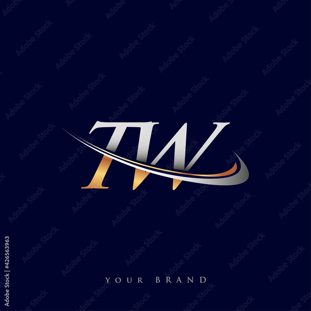 TW initial logo company name colored gold and silver swoosh design ...
