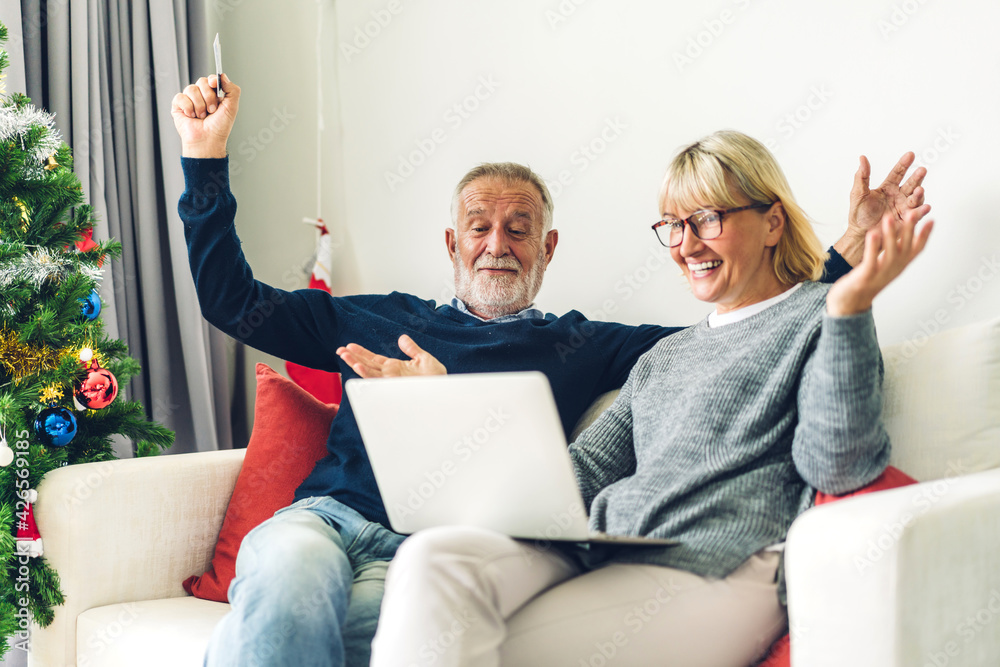 Senior couple family having good time using laptop computer together ...