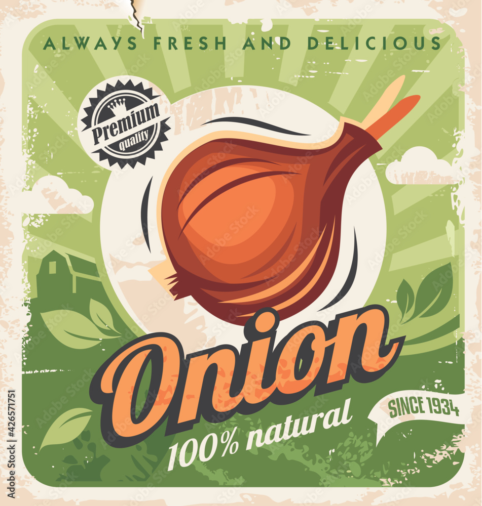 Onion farm vintage poster design. Farm fresh product retro ...