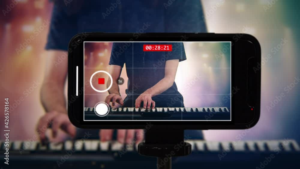 Live Stream Musician Playing Keyboard Cheering Crowd Hands. Young male ...