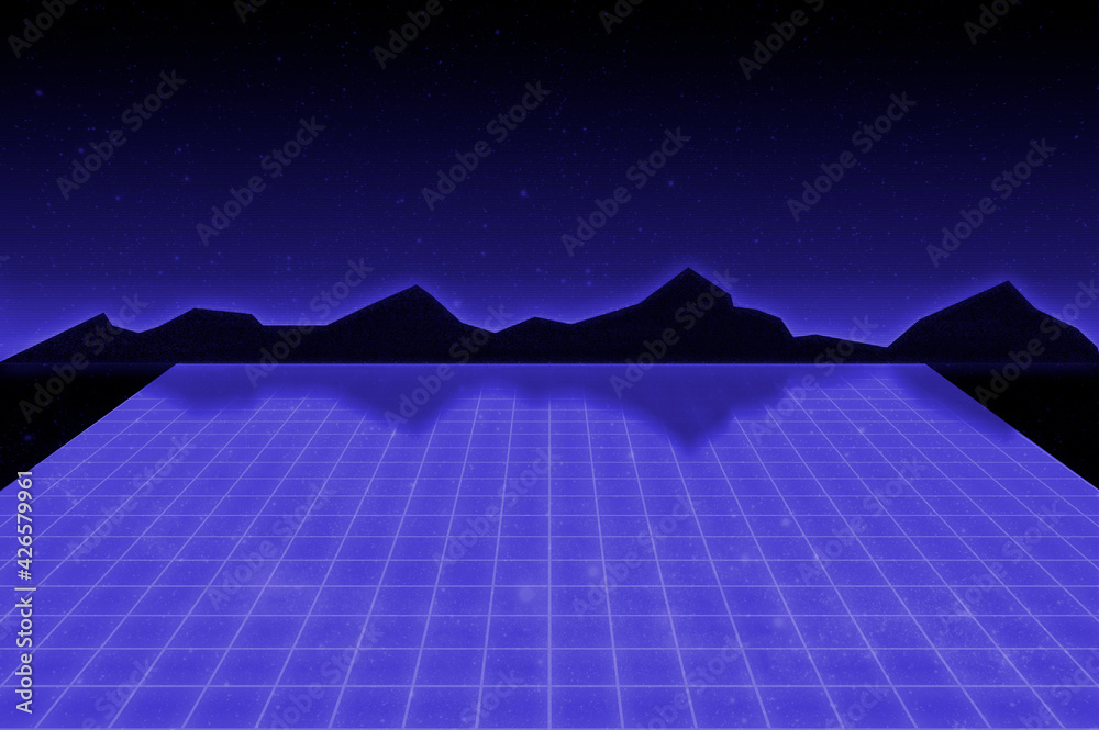 Retro cyberpunk style 1980's sci-fi background with blue laser grid ...