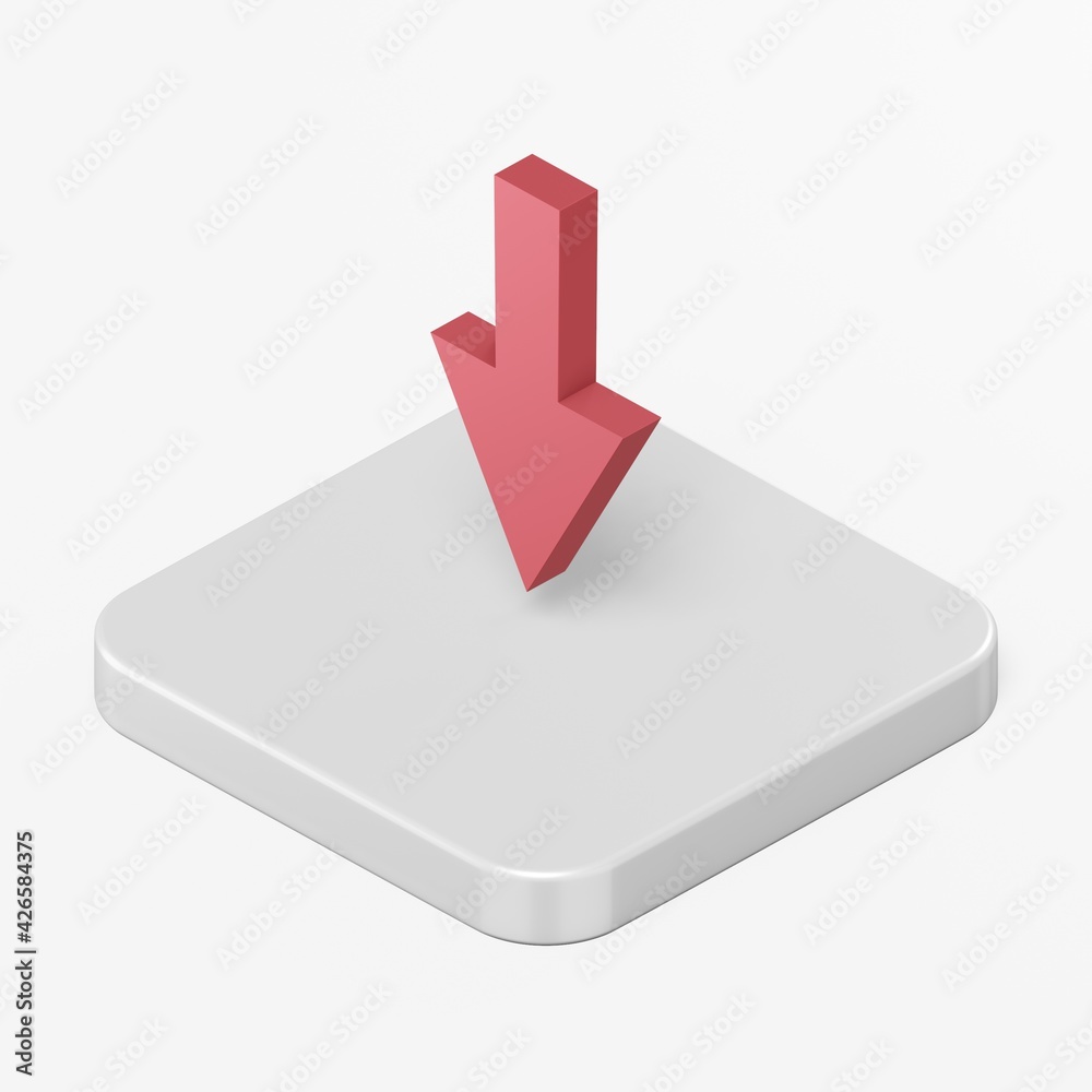 Red down arrow icon. 3d rendering square button key isometric view, interface ui ux element ...