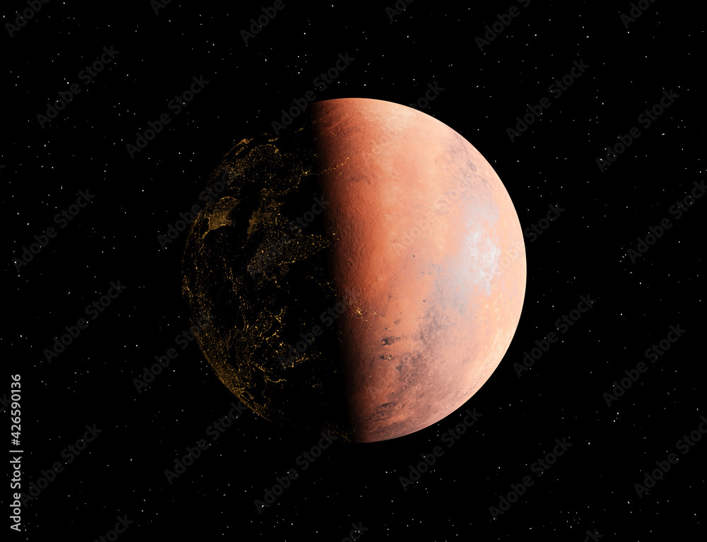 planet mars with lights of civilizations in its hidden face. concept of ...