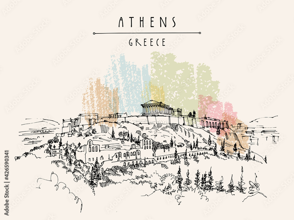 Vector Parthenon temple and the Acropolis hill in Athens, Greece. Hand ...