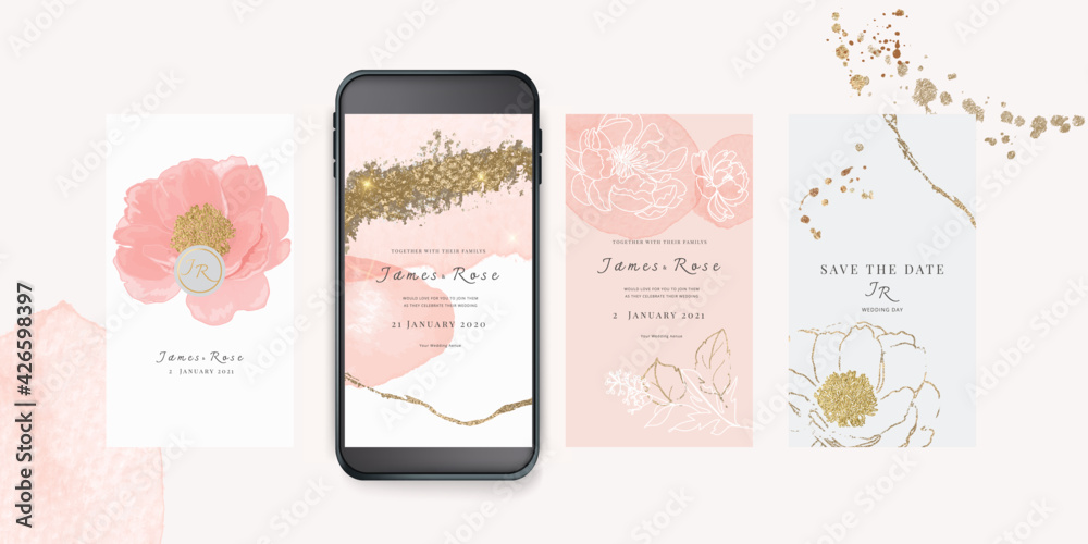 Luxury Pink Social Media, mobile Wedding invite frame templates. Vector ...