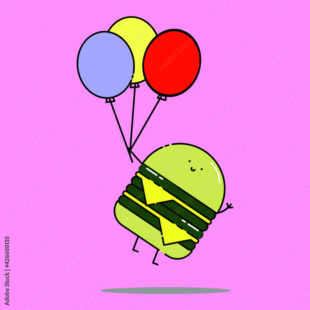 Cute big burger fly with balloon Illustration. modern simple vector ...