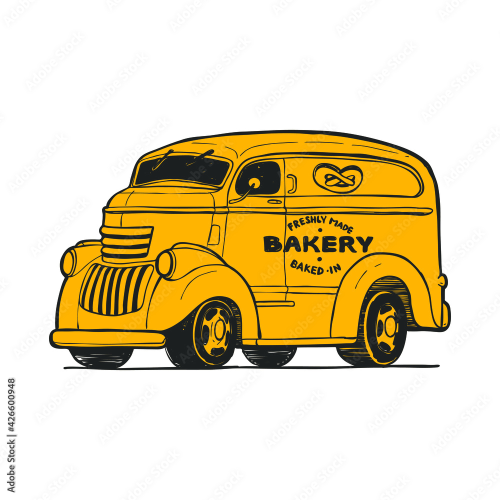 Bakery food truck, hand draw doodles style van, isolated vector ...