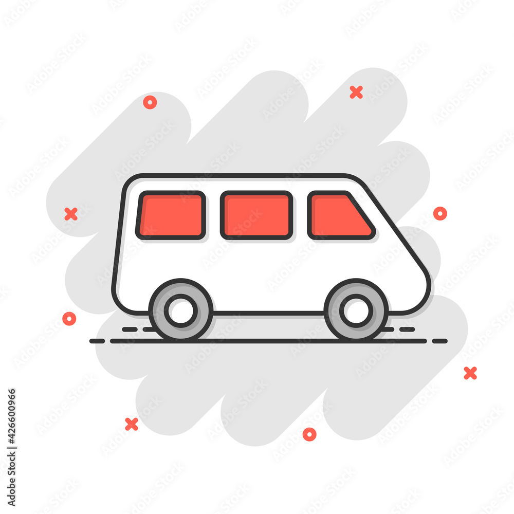 Passenger minivan sign icon in comic style. Car bus vector cartoon ...
