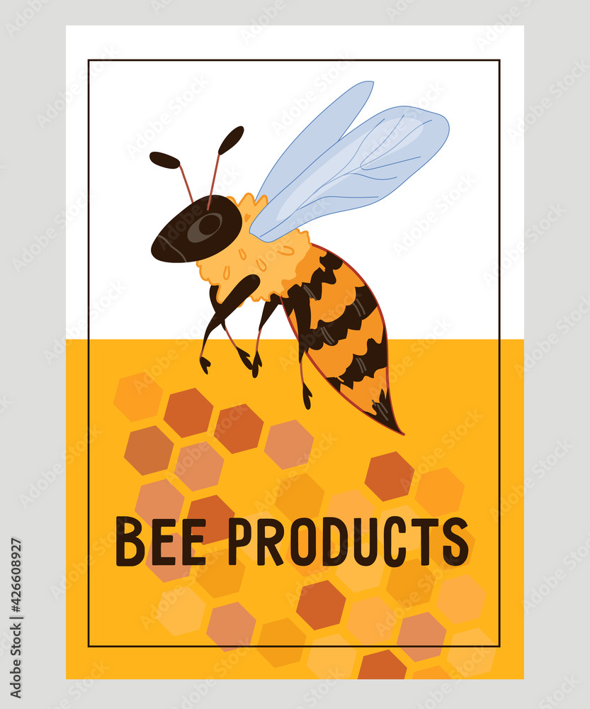 Vetor de Natural bee products banner or card template with honey bee ...