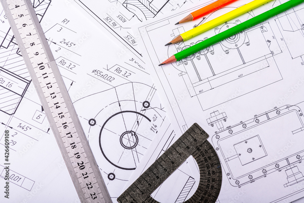 Technical engineering drawings, which show mechanical parts engineering ...