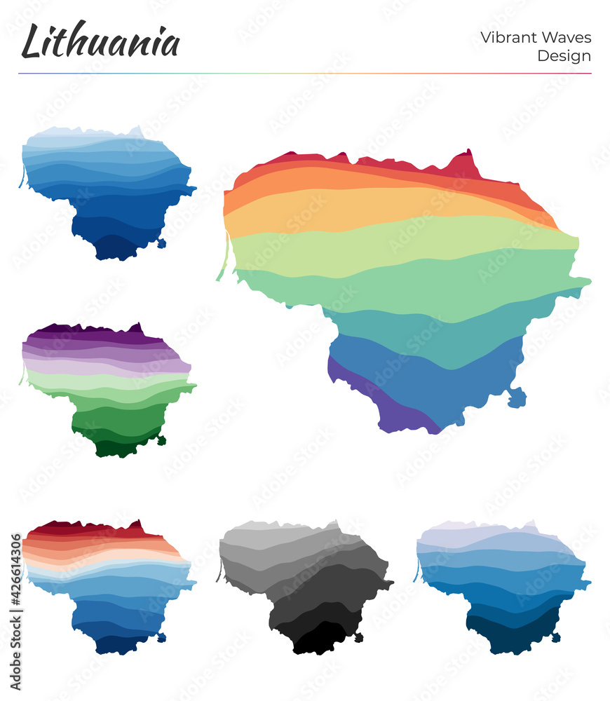 Set of vector maps of Lithuania. Vibrant waves design. Bright map of ...