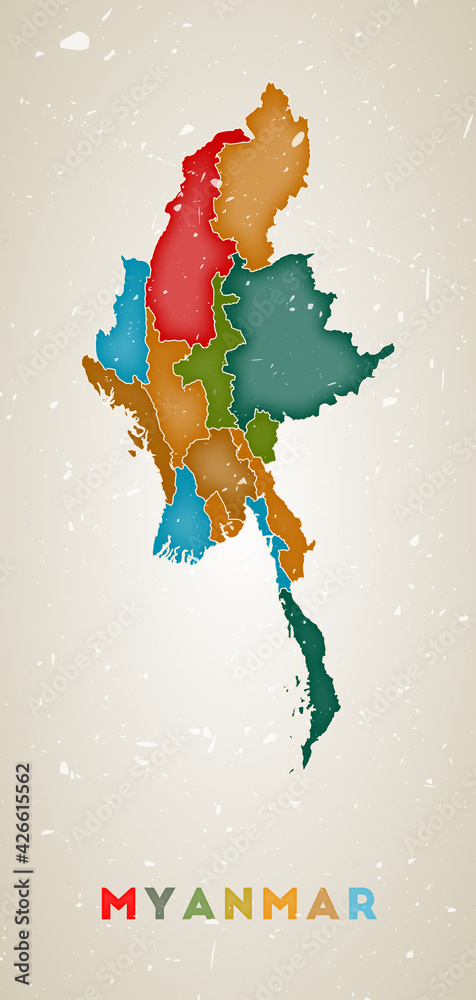 Myanmar map. Country poster with colored regions. Old grunge texture ...