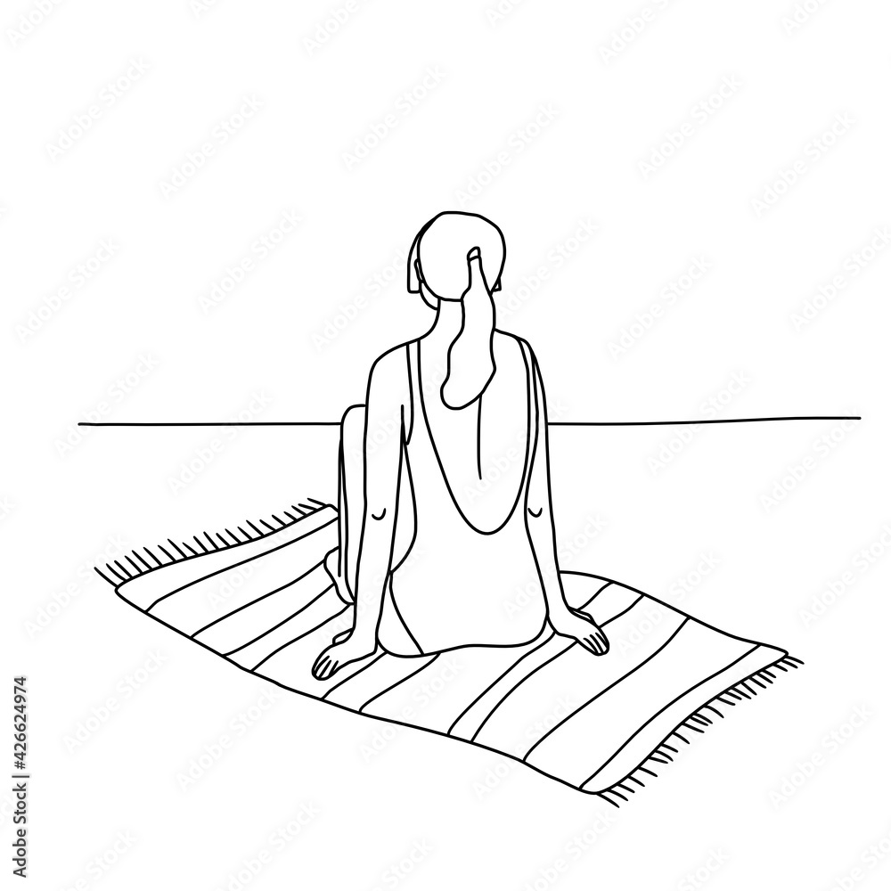 bitmap isolated image of a girl on the beach sitting on a carpet,doodle ...