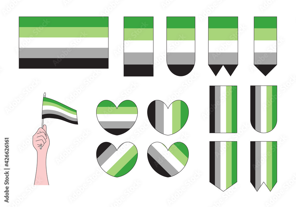 set of lgbt aromantic pride flags, hearts and symbols, vector ...