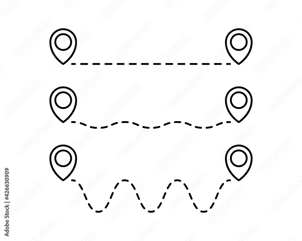 Route location icon, two map pin sign and road or path, start and end ...