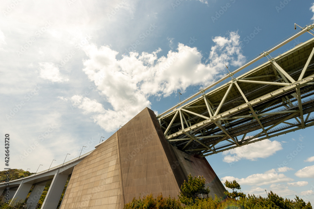 View of Akashi-Kaikyo Bridge from Awaji island in Japan. Stock Photo ...