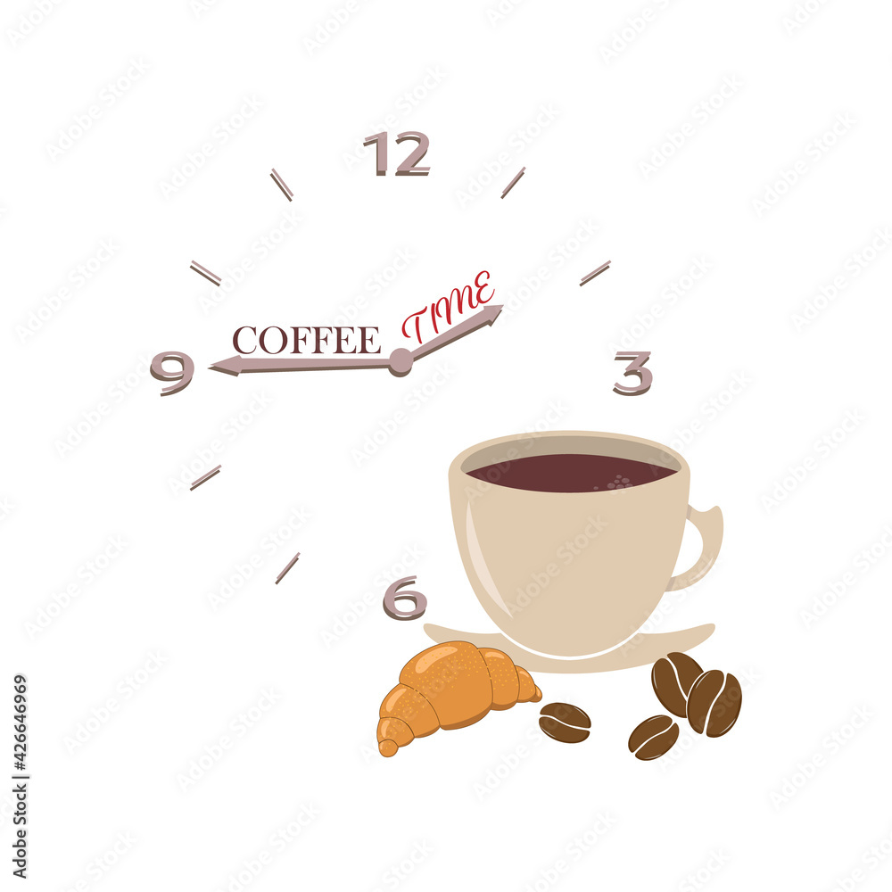 A cup of coffee, coffee beans, a croissant and an hour dial with the ...