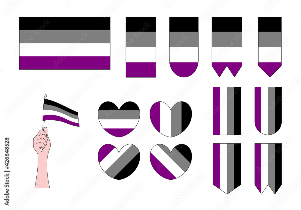 set of lgbt asexual pride flags, hearts and symbols, vector ...